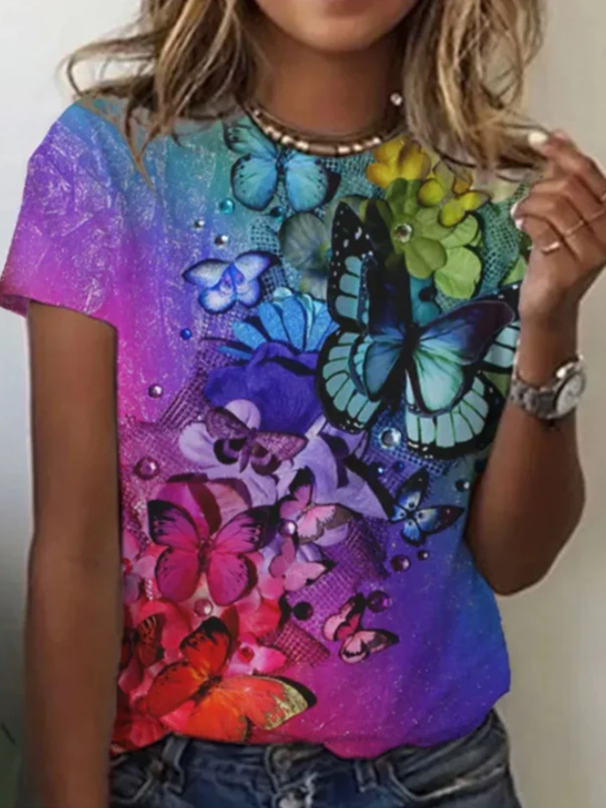 Casual Butterfly Crew Neck Short Sleeve T-shirt | noracora