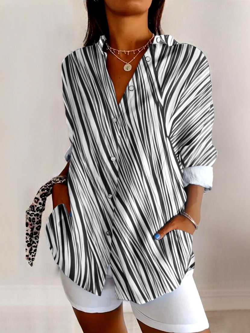 V Neck Long Sleeve Geometric Regular Micro-Elasticity Regular Fit Shirt ...