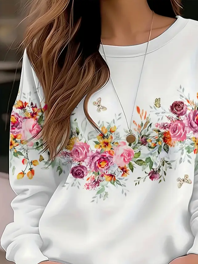 Casual Crew Neck Floral Sweatshirt Printing | noracora