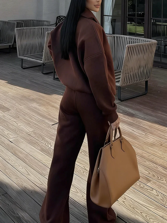 Women Plain Two-Piece Set Daily Long Sleeve Casual Spring/Fall Top With ...