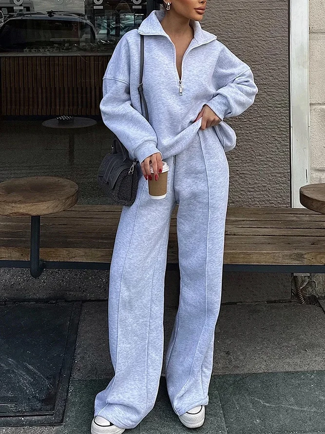 Women Plain Two-Piece Set Daily Long Sleeve Casual Spring/Fall Top With ...