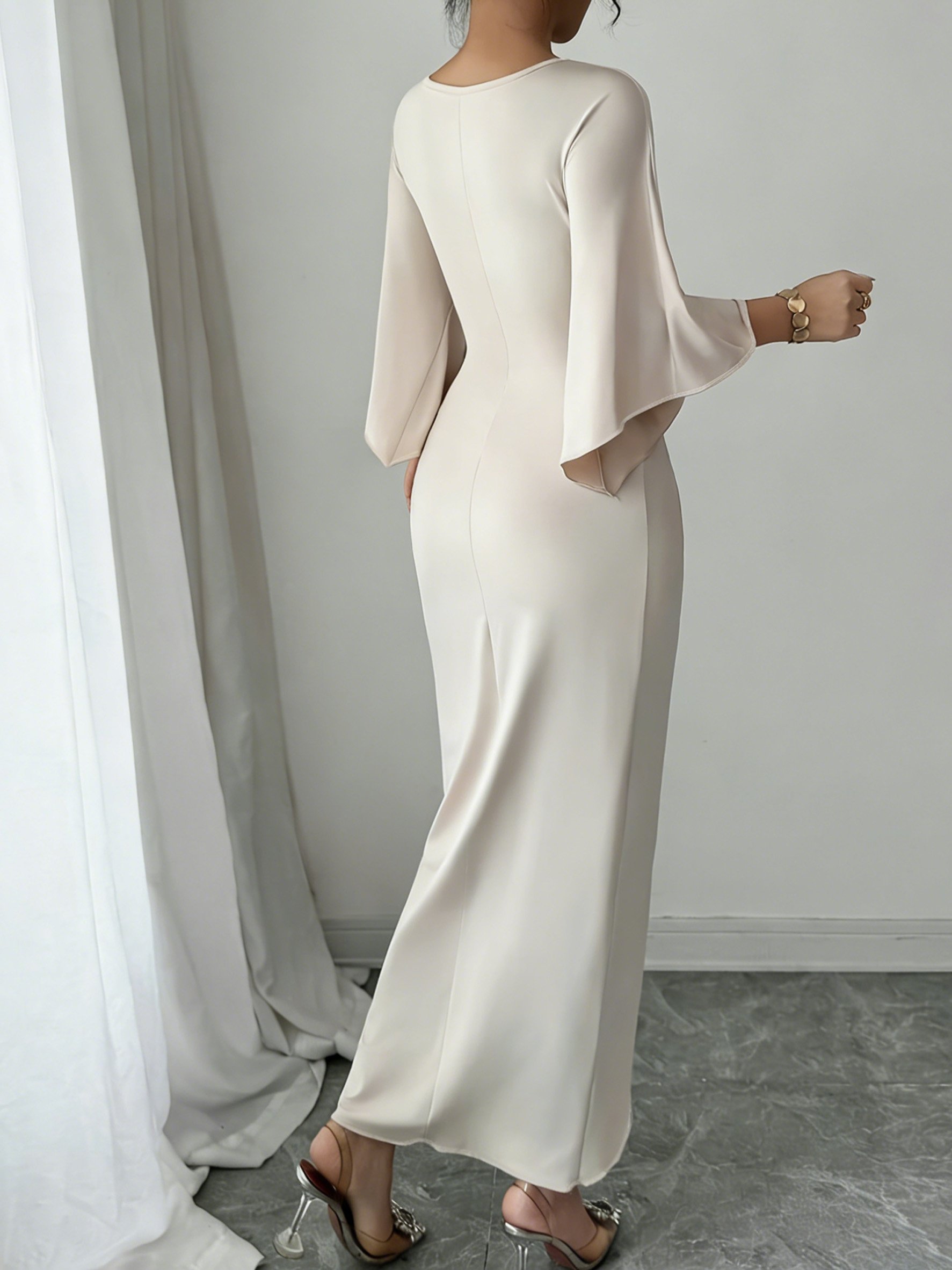 Women Plain Spring/Fall Dress V Neck Three Quarter Sleeve Sheath Dress ...