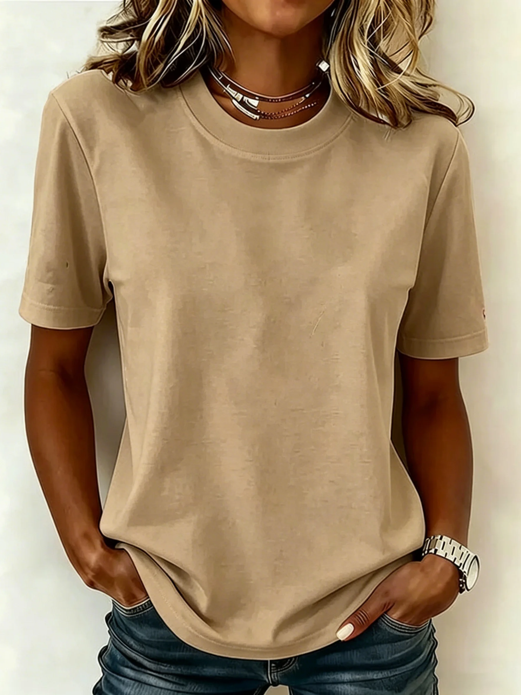 Casual Plain Crew Neck Short Sleeve T-shirt | noracora