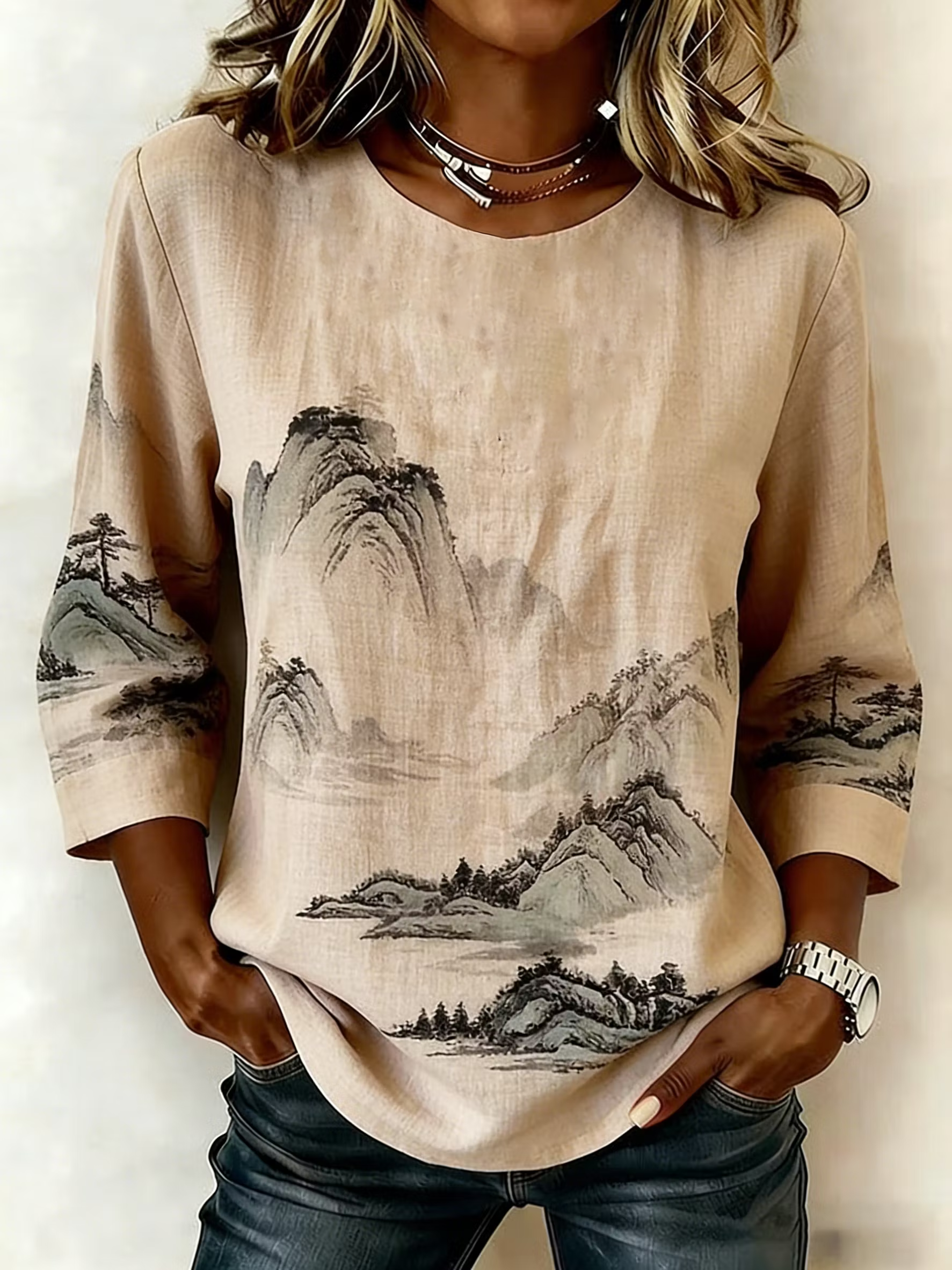 Crew Neck Half Sleeve Landscape Painting Printing Regular Micro ...