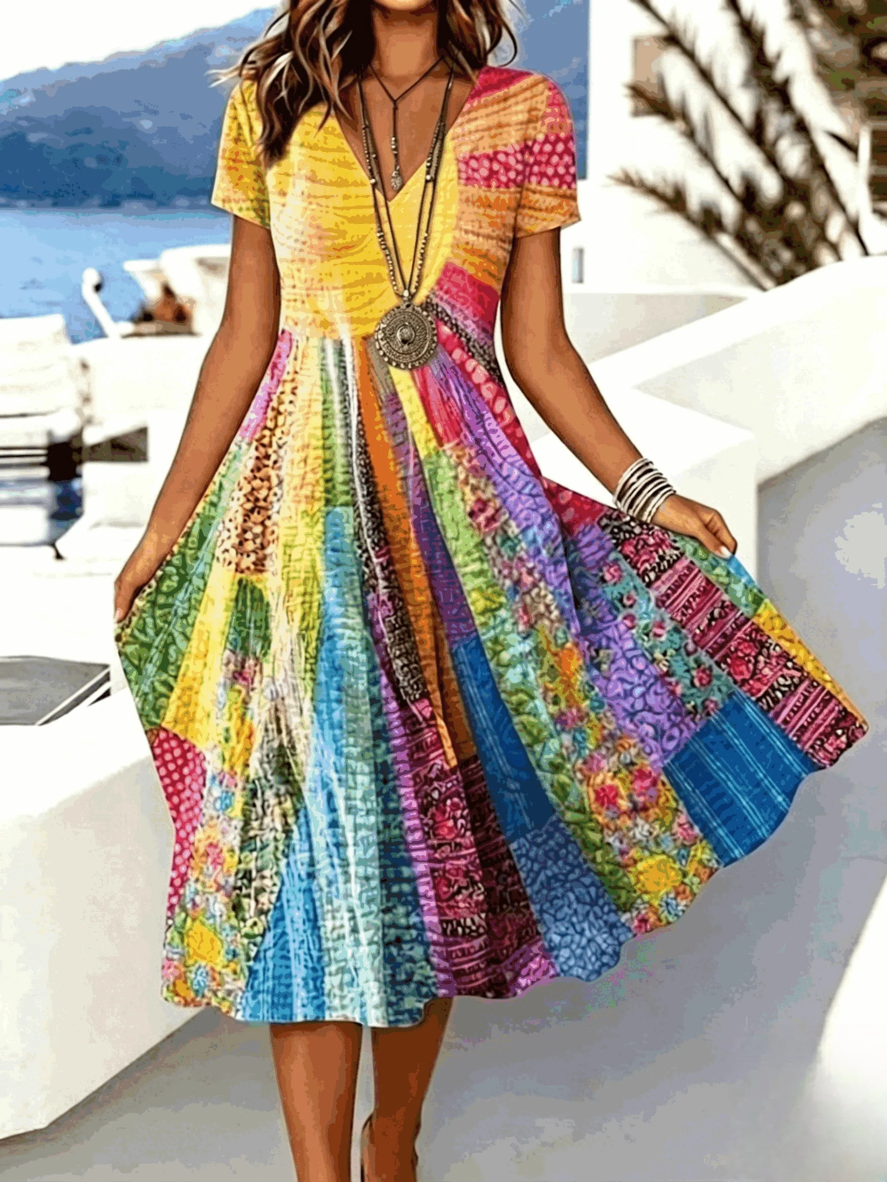 Women Floral Summer Dress V Neck Short Sleeve A-Line Dress | noracora