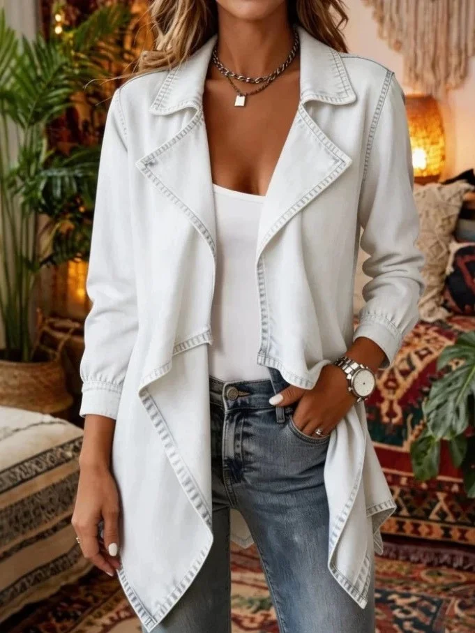 Women Spring/Fall Outerwear Vintage Plain Long Sleeve Lapel Collar ...