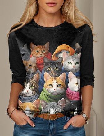 Casual Cat Crew Neck Long Sleeve T-shirt | noracora