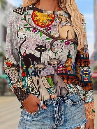 Casual Cat Crew Neck Long Sleeve T-shirt | noracora