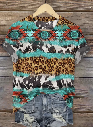 Casual Vintage Ethnic Pattern Crew Neck Short Sleeve T-shirt | noracora