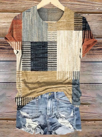 Casual Color Block Pattern Crew Neck Short Sleeve T-shirt | noracora