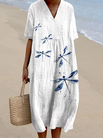 Women Dragonfly Crew Neck Short Sleeve Comfy Casual Maxi Dress | noracora