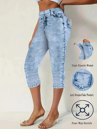 Casual Faux Denim Print Graphic Capris Elastic Waist Pant | noracora