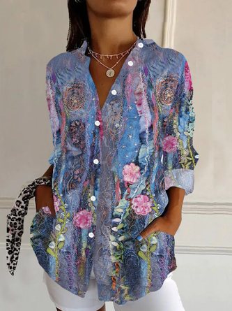 Shirt Collar Long Sleeve Floral Buckle Regular Loose Button Up Shirt ...