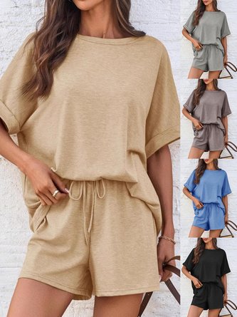 Women Plain Crew Neck Half Sleeve Comfy Casual Pocket Stitching Top ...