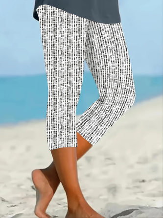 Casual Striped Capris Elastic Waist Printing Pant | noracora