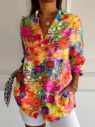 Colorful Floral Print Buckle Regular Loose Button Up Shirt For Women ...