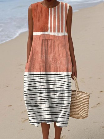 Women Colorblock Summer Dress Crew Neck Sleeveless A-Line Dress | noracora