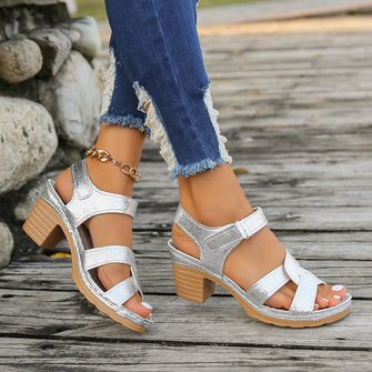 Casual Plain Blocking Hook-Loop Block Heel Chunky Heel Sandals | noracora
