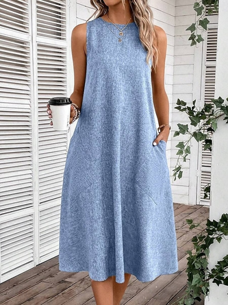 Women Plain Summer Dress Crew Neck Sleeveless A-Line Dress | noracora