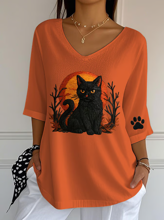 Vintage Cat Crew Neck Three Quarter Sleeve T-shirt | noracora