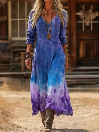 Women Ombre Spring/Fall Printing Dress V Neck Long Sleeve H-Line Dress ...