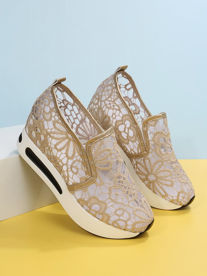 Floral Embroidered Mesh Paneled Slip-On Wedge Sneakers | noracora