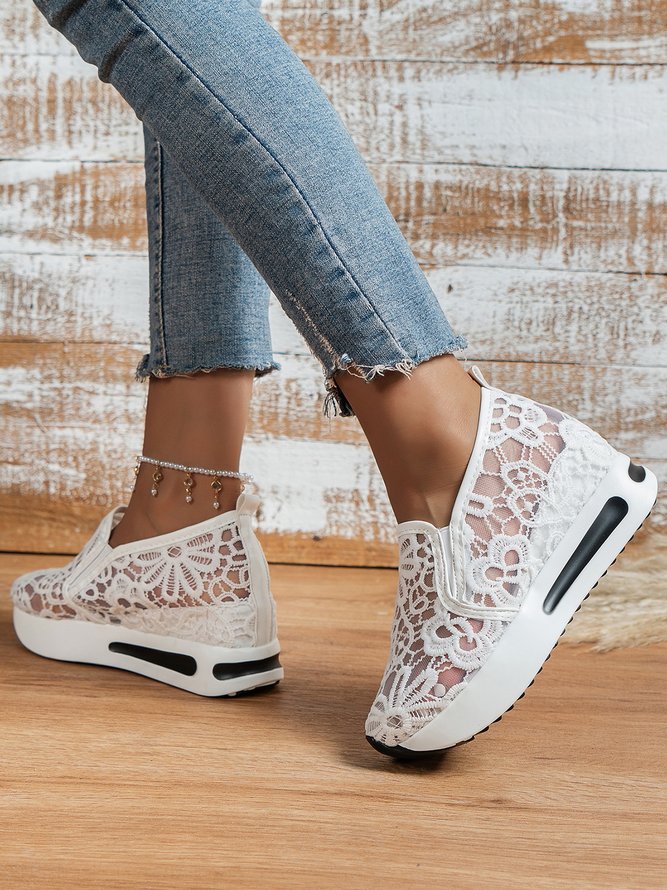 Floral Embroidered Mesh Paneled Slip-On Wedge Sneakers | noracora