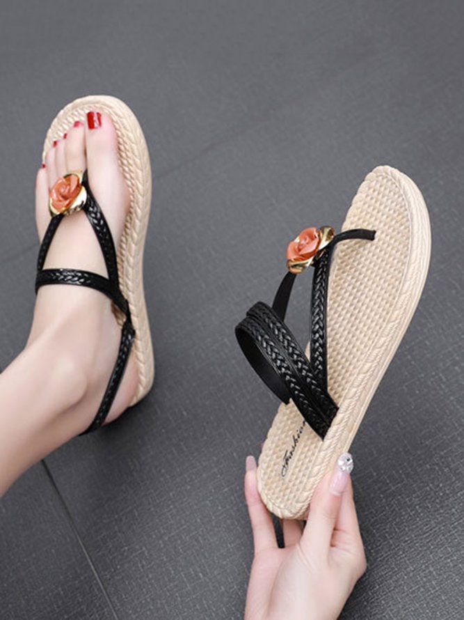 Vacation Floral Pattern Braided Strap Beach Flip Flops | noracora